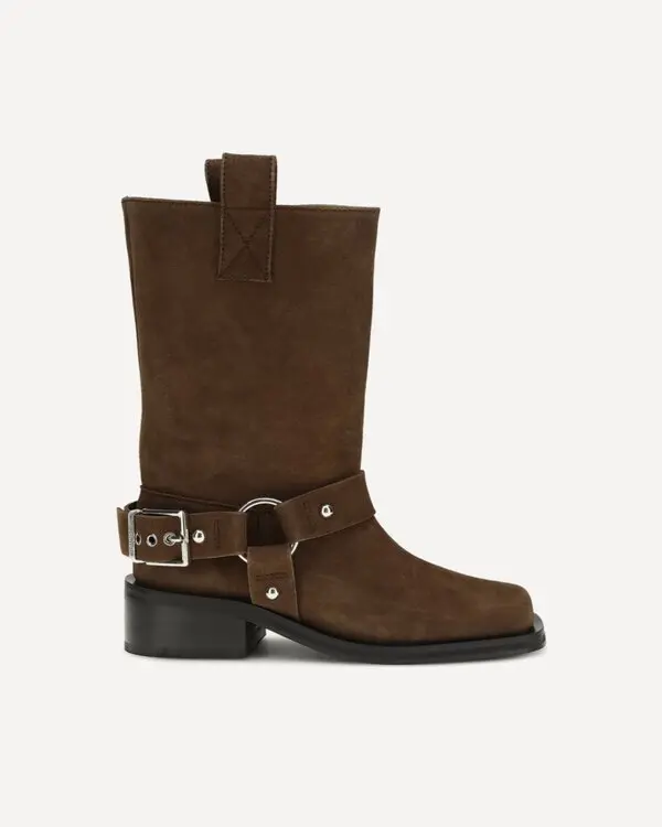 GANNI Suede Biker Boots With Square Toe And Block Heel - Brown