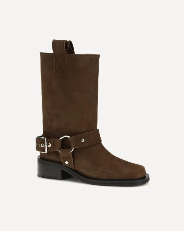 GANNI Suede Biker Boots With Square Toe And Block Heel - Brown