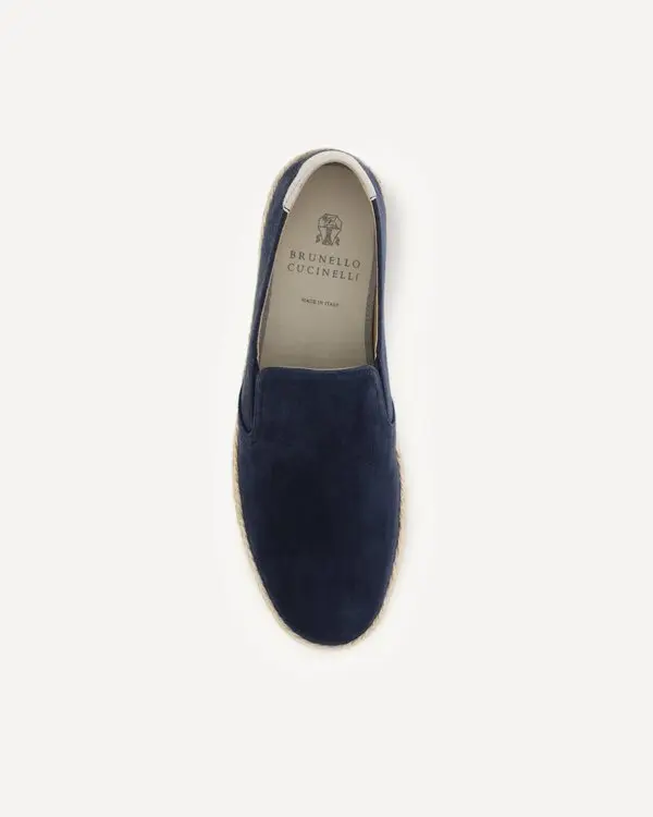 Brunello Cucinelli Suede Slip-on Sneakers With Raffia Sole - Blue