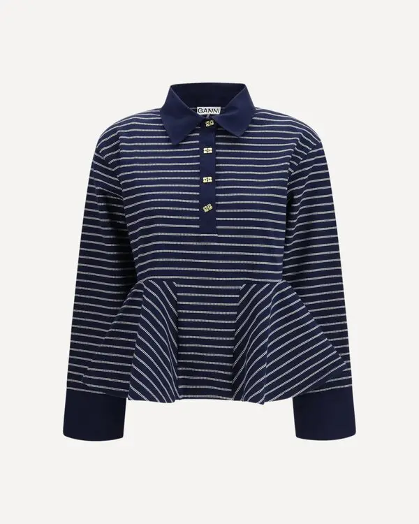 GANNI Striped Peplum Polo Shirt
