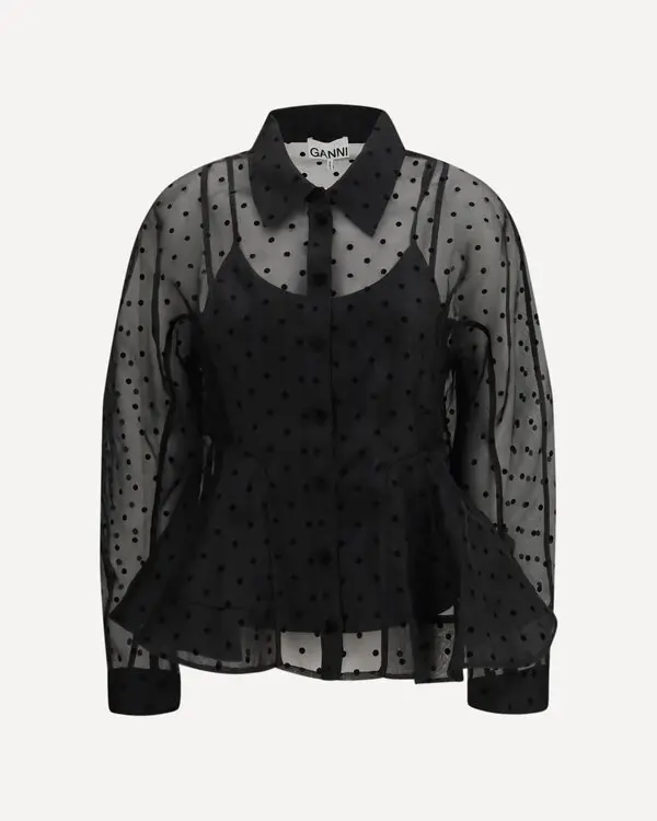 GANNI Polka Dot Sheer Organza Peplum Shirt