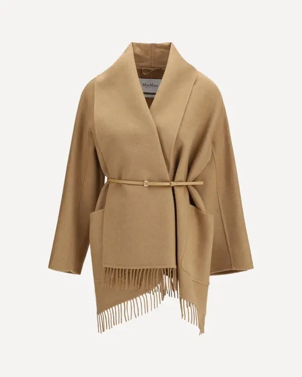 Max Mara Camel Pure Camel Wool Wrap Coat With Fringed Hem