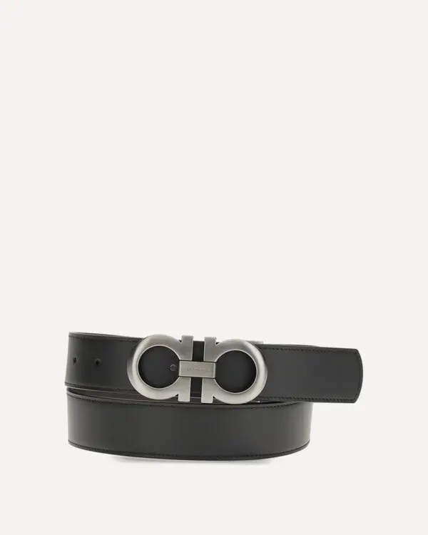 FERRAGAMO Double Gancini Buckle Leather Belt - Black