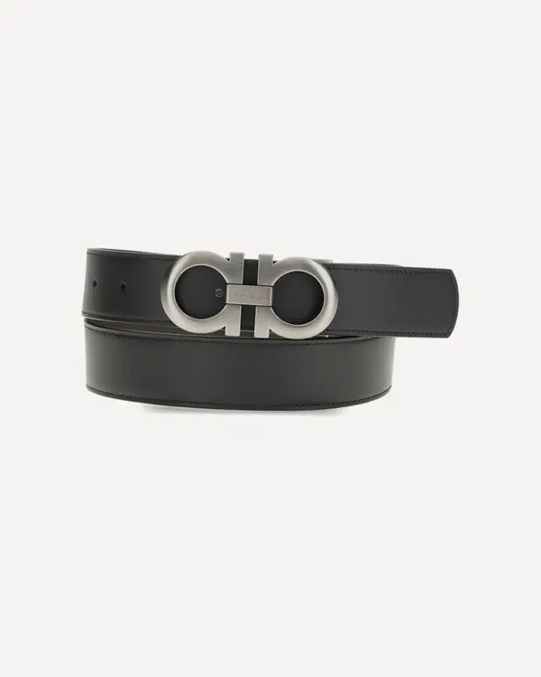 FERRAGAMO Double Gancini Buckle Leather Belt - Black