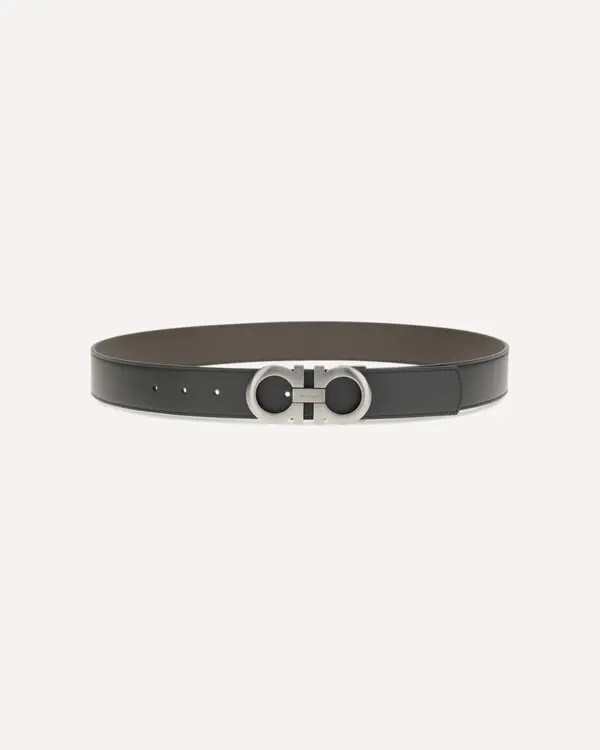 FERRAGAMO Double Gancini Buckle Leather Belt - Black