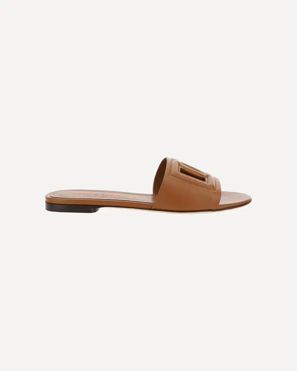 Dolce & Gabbana Leather Embossed Logo Slides - Brown