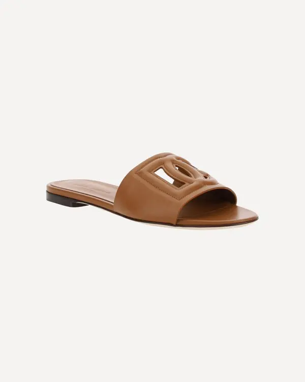 Dolce & Gabbana Leather Embossed Logo Slides - Brown