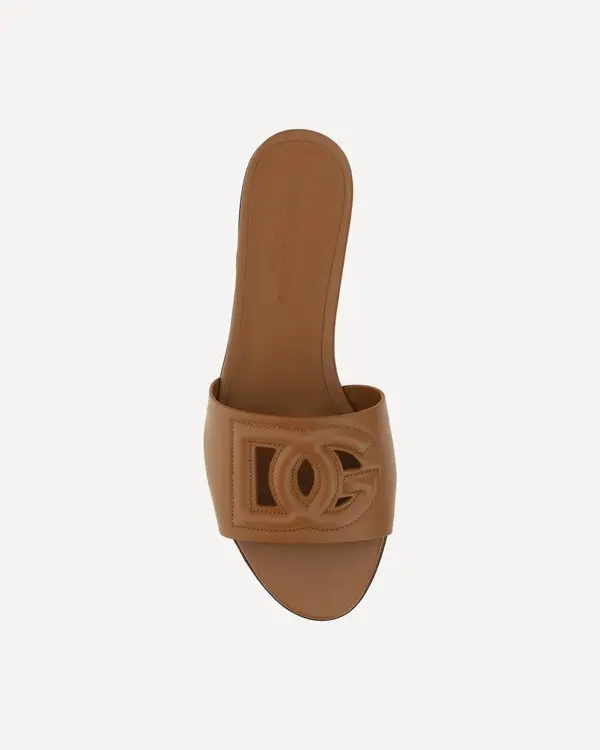 Dolce & Gabbana Leather Embossed Logo Slides - Brown