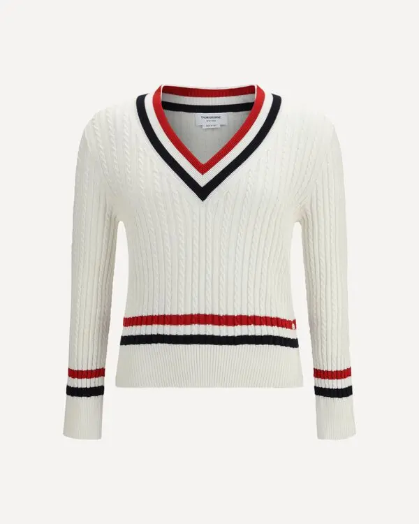 Thom Browne Intarsia Cable-knit V-neck Sweater
