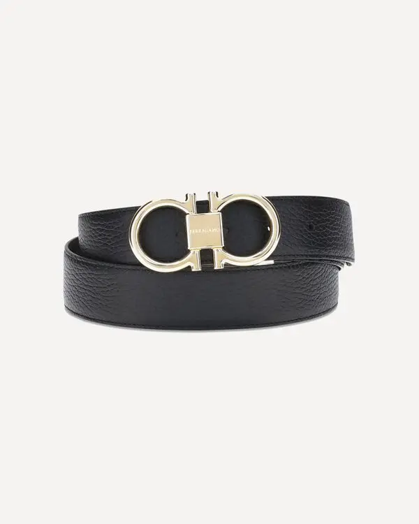 FERRAGAMO Leather Reversible Belt With Double Gancini Buckle