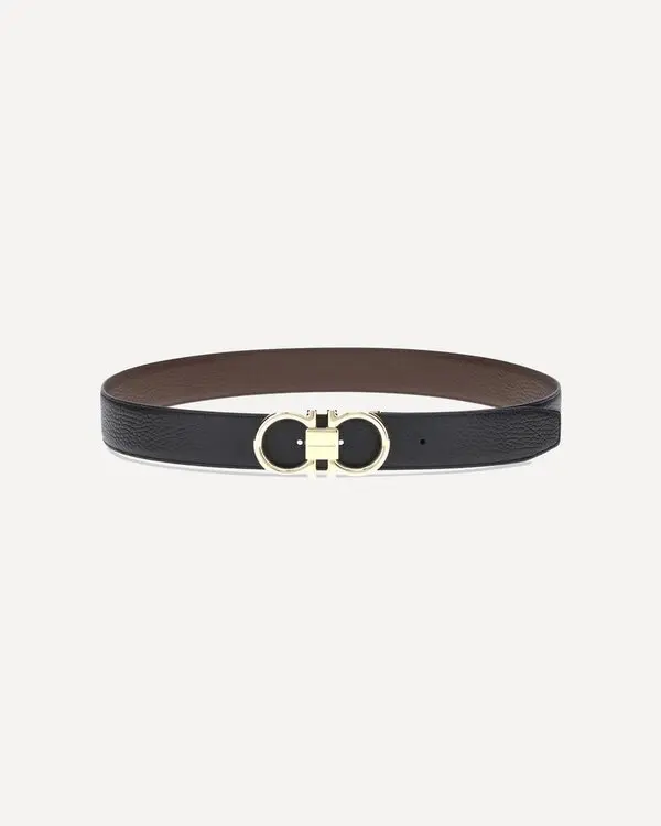 FERRAGAMO Leather Reversible Belt With Double Gancini Buckle