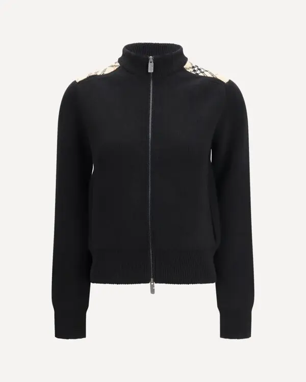 Burberry Cashmere And Wool Zip-up Cardigan With Check Appliqu