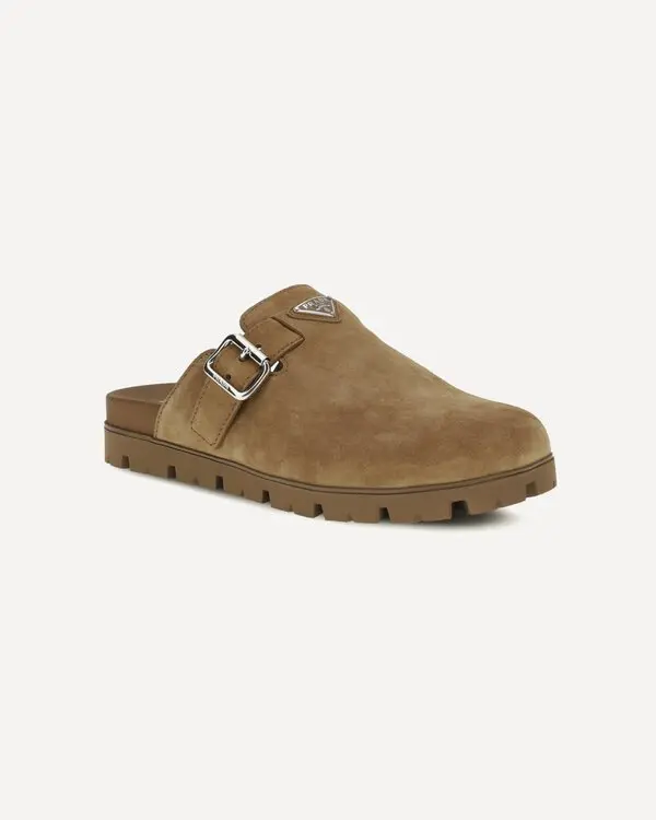 Prada Suede Mules With Metal Triangle Logo - Beige
