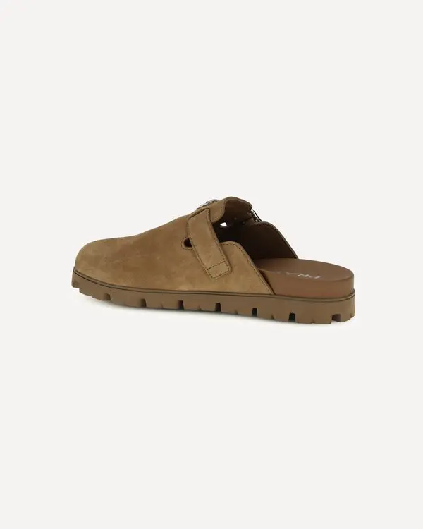 Prada Suede Mules With Metal Triangle Logo - Beige