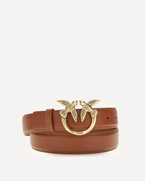 Pinko Love Berry Leather Belt With Round Buckle And Love Birds Plaque - Brown