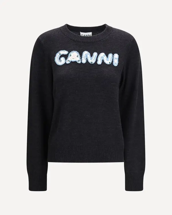 GANNI Crochet Appliqué Merino Wool Sweater