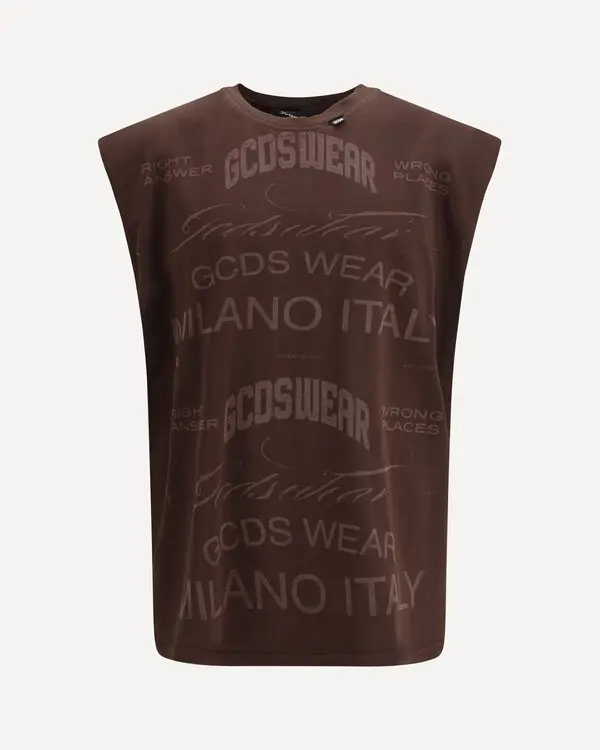 Gcds Cotton Sleeveless T-shirt With All-over "history" Print - Brown