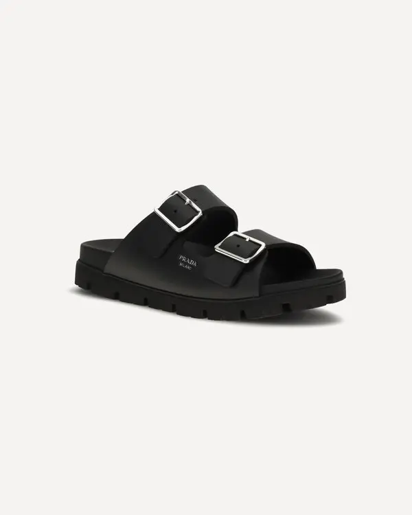 Prada Leather Sandals With Logo - Black