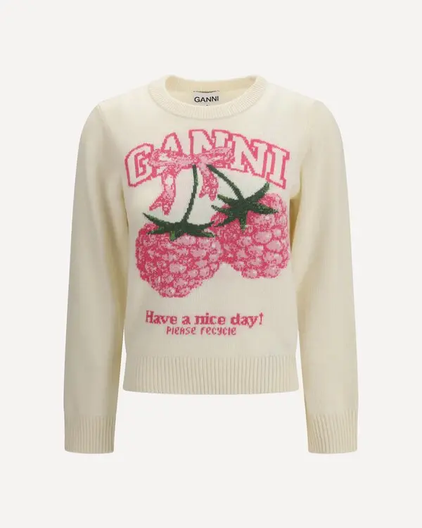 GANNI Crewneck Sweater With Raspberry Print