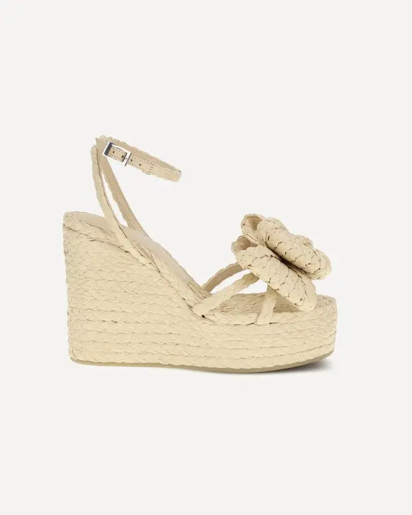 Mach & Mach Le Cadeau Raffia Wedge Sandals With Bow Detail - Beige