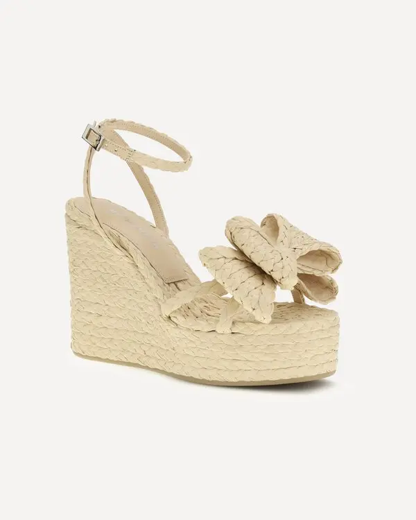 Mach & Mach Le Cadeau Raffia Wedge Sandals With Bow Detail - Beige
