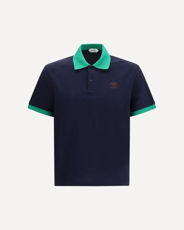 Versace Polo In Cotton Piqué With Embroidery - Blue