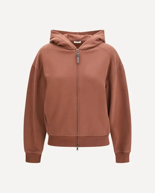 Brunello Cucinelli Hooded Full Zip Sweatshirt In Smooth Cotton - Brown