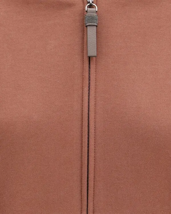 Brunello Cucinelli Hooded Full Zip Sweatshirt In Smooth Cotton - Brown