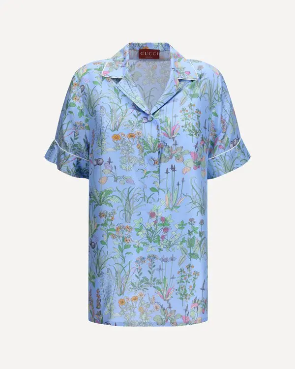 Gucci Printed Silk Twill Shirt - Light Blue