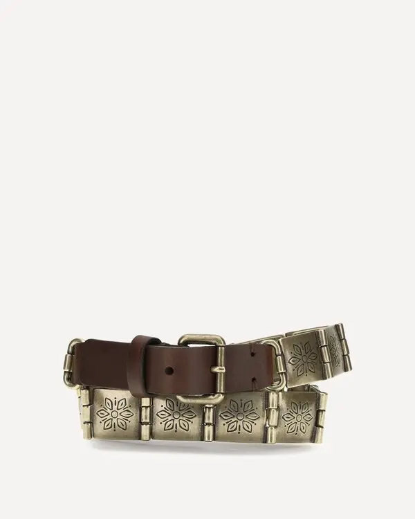 Etro Engraved Metal And Leather Belt - Brown