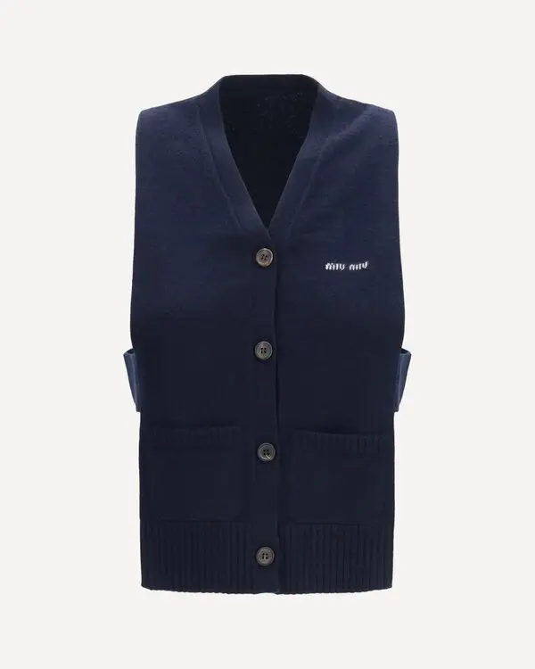 Miu Miu Cashmere V-neck Cardigan Vest With Intarsia Logo - Blue