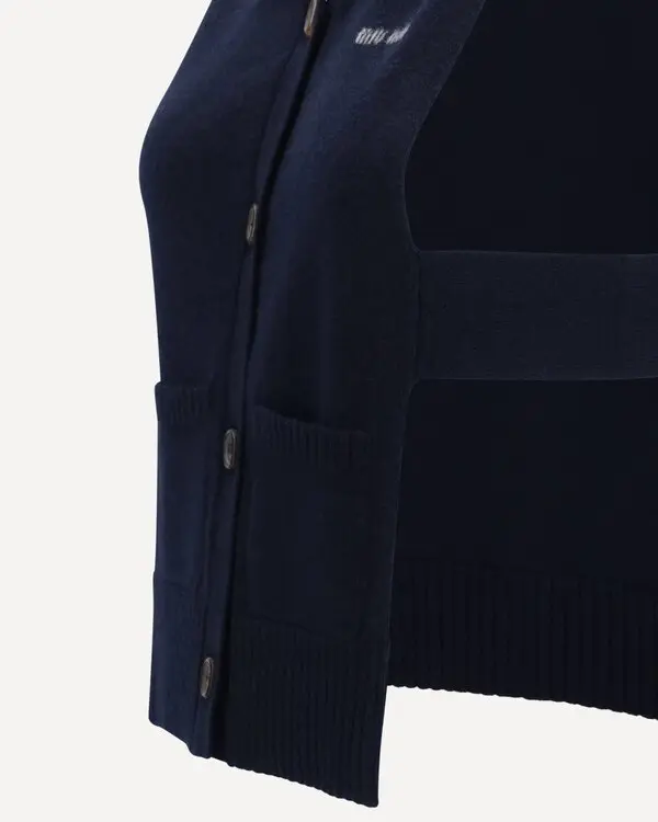 Miu Miu Cashmere V-neck Cardigan Vest With Intarsia Logo - Blue