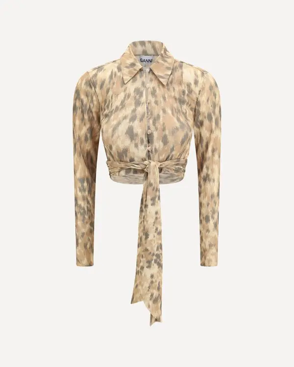 GANNI Printed Marl Mesh Tie Blouse - Beige