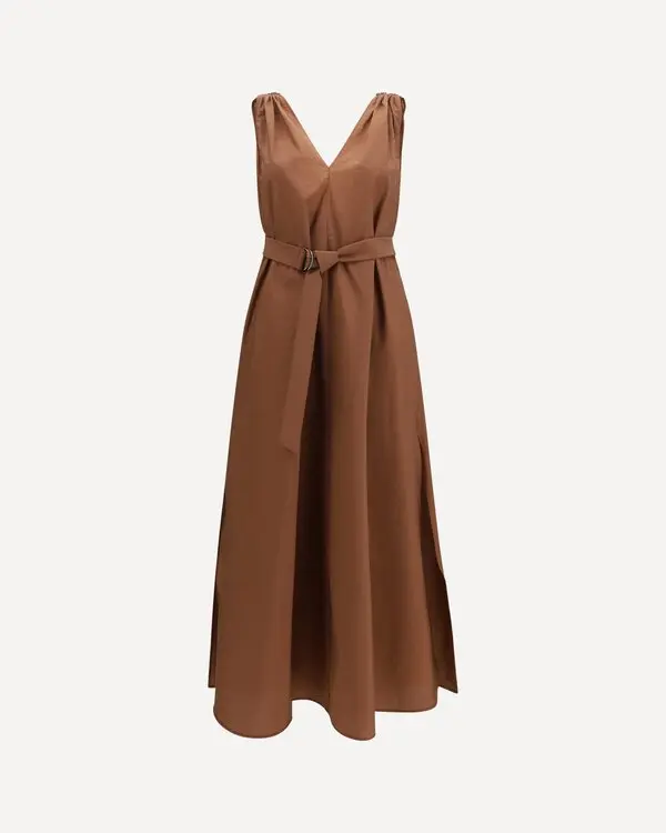 Brunello Cucinelli Cotton Poplin Dress With Decorative Shoulder Detail - Brown