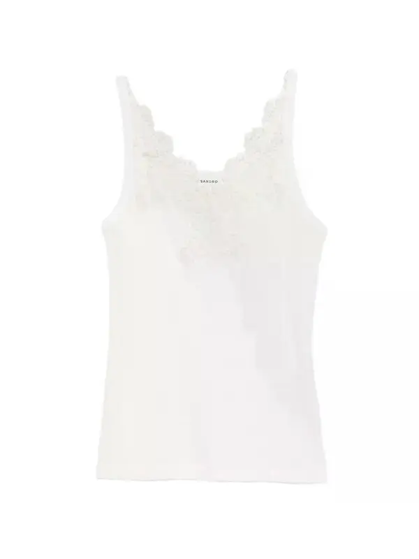 Sandro Lace-trimmed Ribbed Knit V-neck Tank Top - Neutrals