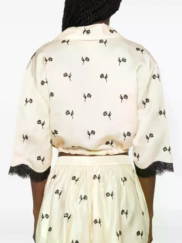 Sandro Cropped Floral Embroidered Shirt With Lace Cuffs
