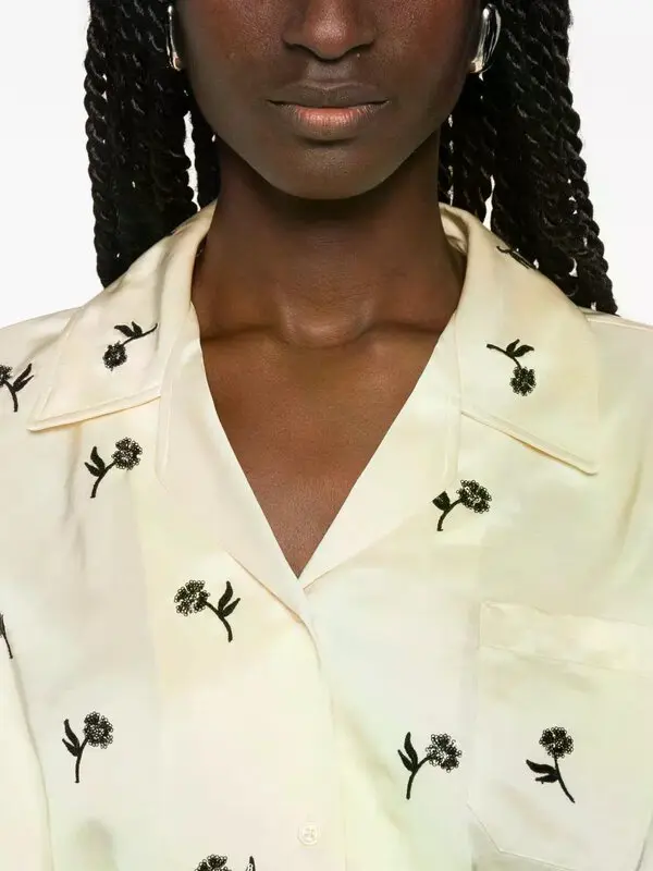 Sandro Cropped Floral Embroidered Shirt With Lace Cuffs