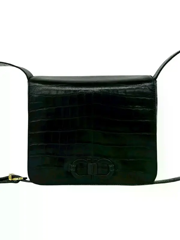FERRAGAMO Croc Embossed Leather Gancini Crossbody Bag - Black