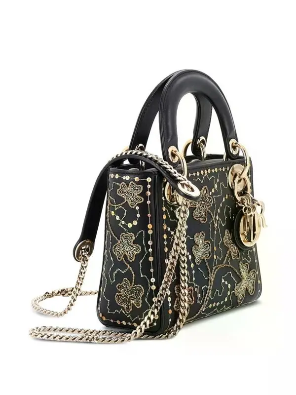 Dior Lady Chain Bag Embroidered Calfskin Mini Satchel - Black