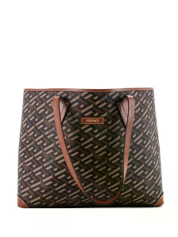 Versace La Greca Signature Coated Canvas Medium Tote Bag - Brown