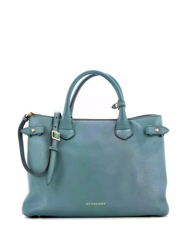 Burberry Medium Banner Tote Leather And House Check Canvas Satchel - Green