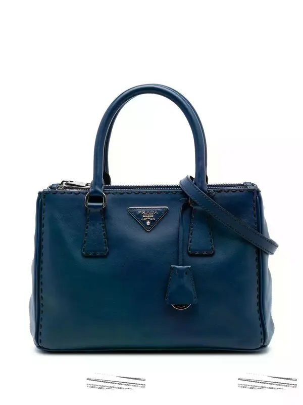 Prada Small City Calf Hand-stitched Galleria Double Zip Satchel - Blue