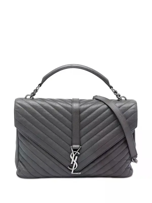 Saint Laurent Large Chevron Sheepskin Monogram College Satchel - Grey