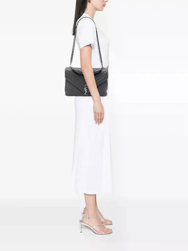 Saint Laurent Large Chevron Sheepskin Monogram College Satchel - Grey