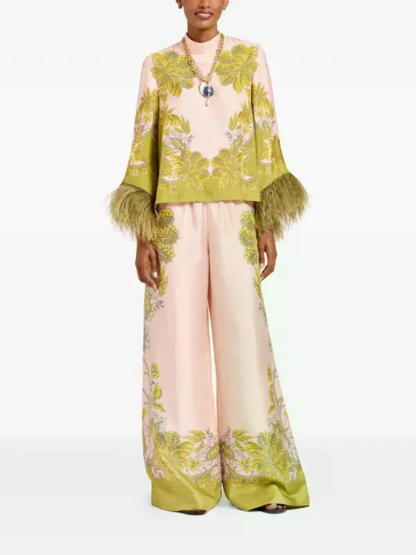 La DoubleJ Swathe Placed Silk Twill Top With Feather Trim