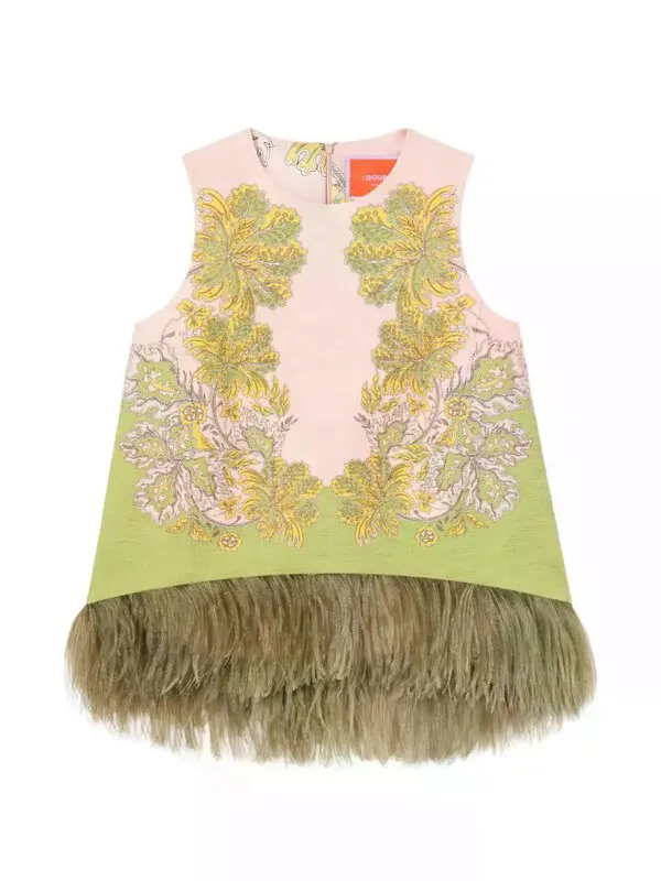 La DoubleJ Swathe" Botanical Print Cotton Top With Feather Trim - Green