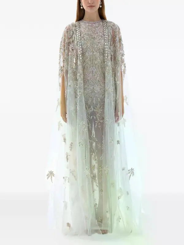 DINA MELWANI Crystal Embellished Cape Maxi Gown - White