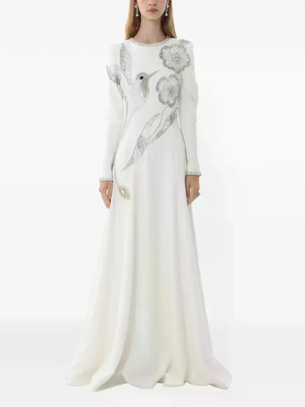 DINA MELWANI Crystal Embellished Hummingbird Evening Gown - White