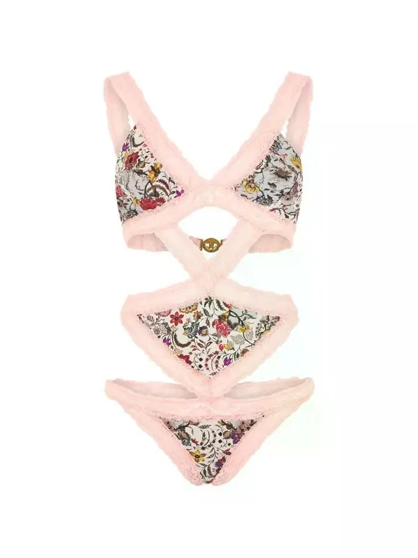 Roberto Cavalli Floral Print Lace Trimmed Swimsuit - Pink