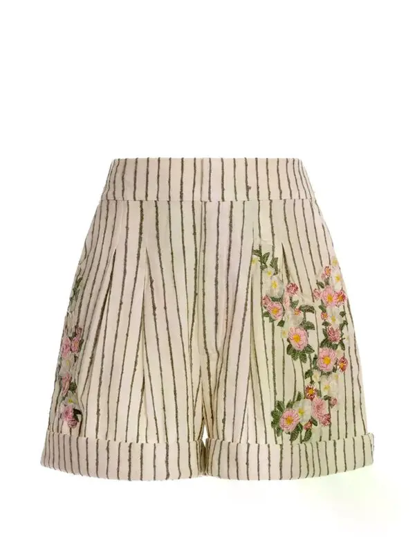Agua Bendita Rommy Embroidered Striped Tailored Shorts - Neutrals